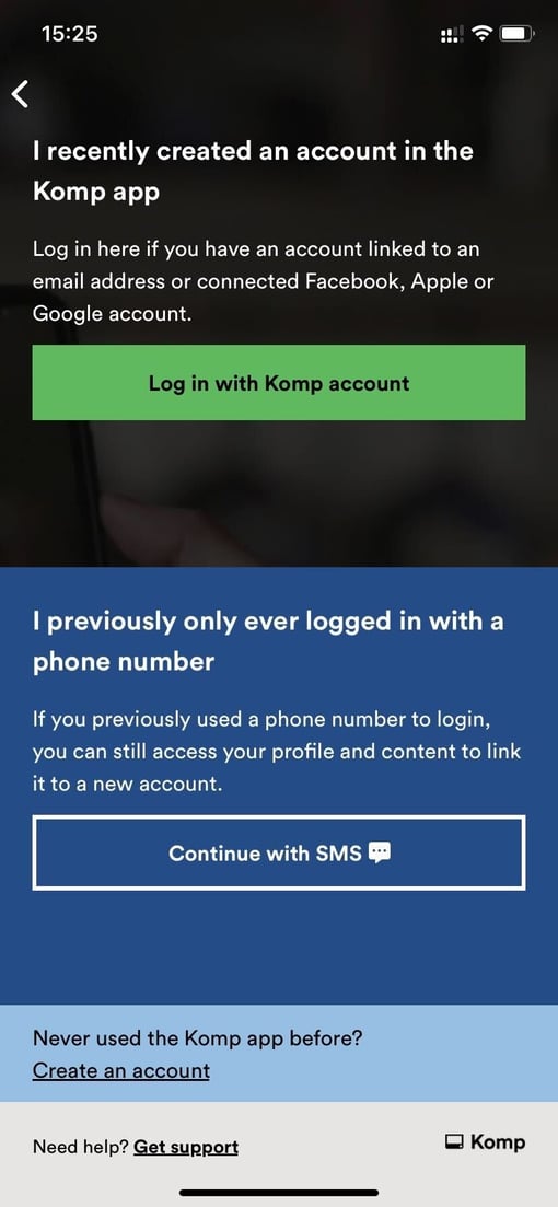 How do I log in to the Komp app?