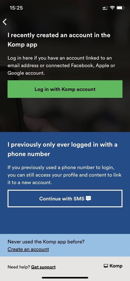 How do I log in to the Komp app?